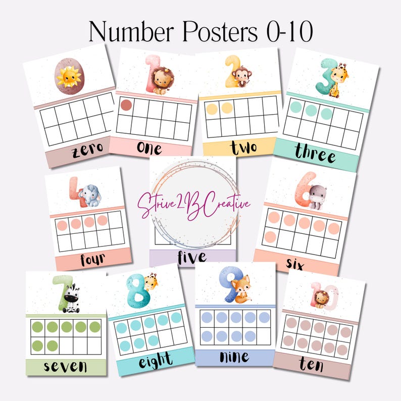 Number Posters 0-10, Ten Frame Number Decor, Animal Decor, Printable ...
