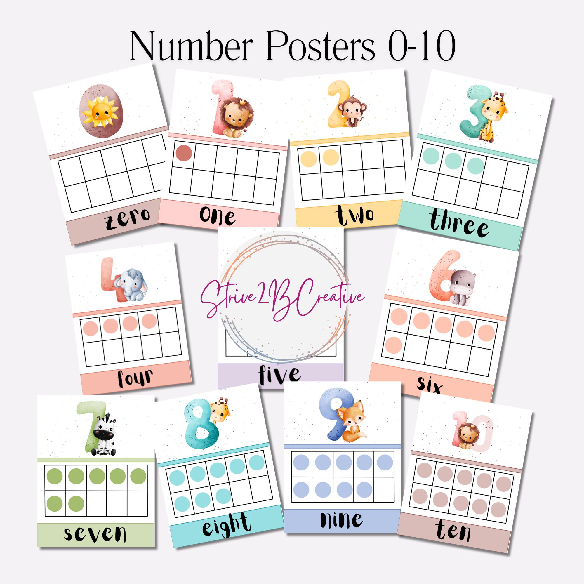 Number Posters 0-10, Ten Frame Number Decor, Animal Decor, Printable ...