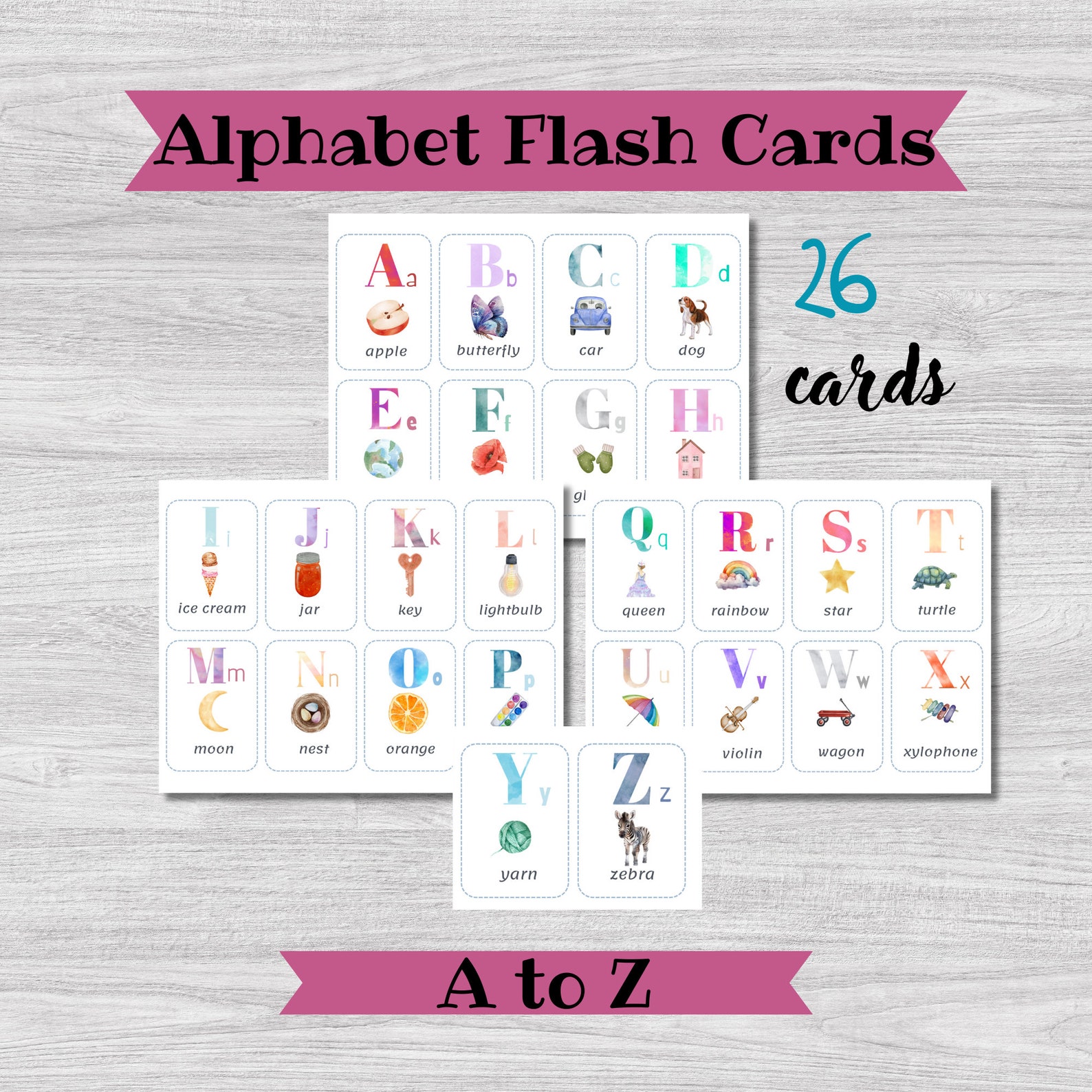 Alphabet Flashcards, 26 A to Z Flashcards, ABC Picture Flashcards ...