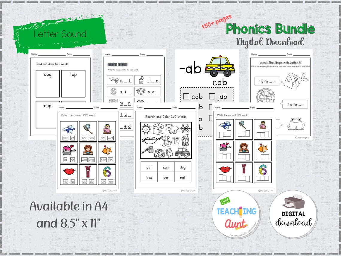 Phonics Worksheets Bundle 150+ Pages, Preschool Printable, CVC ...