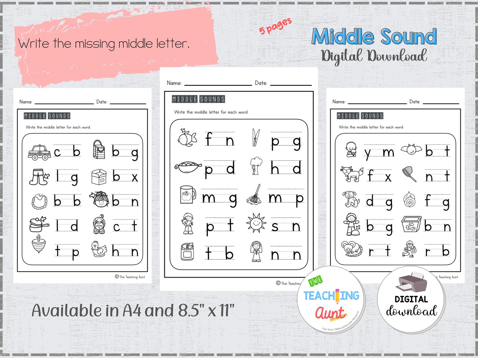 Middle Sound Worksheets, Phonics Worksheets, Write the Missing Letter ...