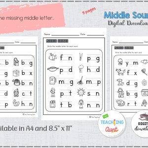 Middle Sound Worksheets, Phonics Worksheets, Write the Missing Letter ...