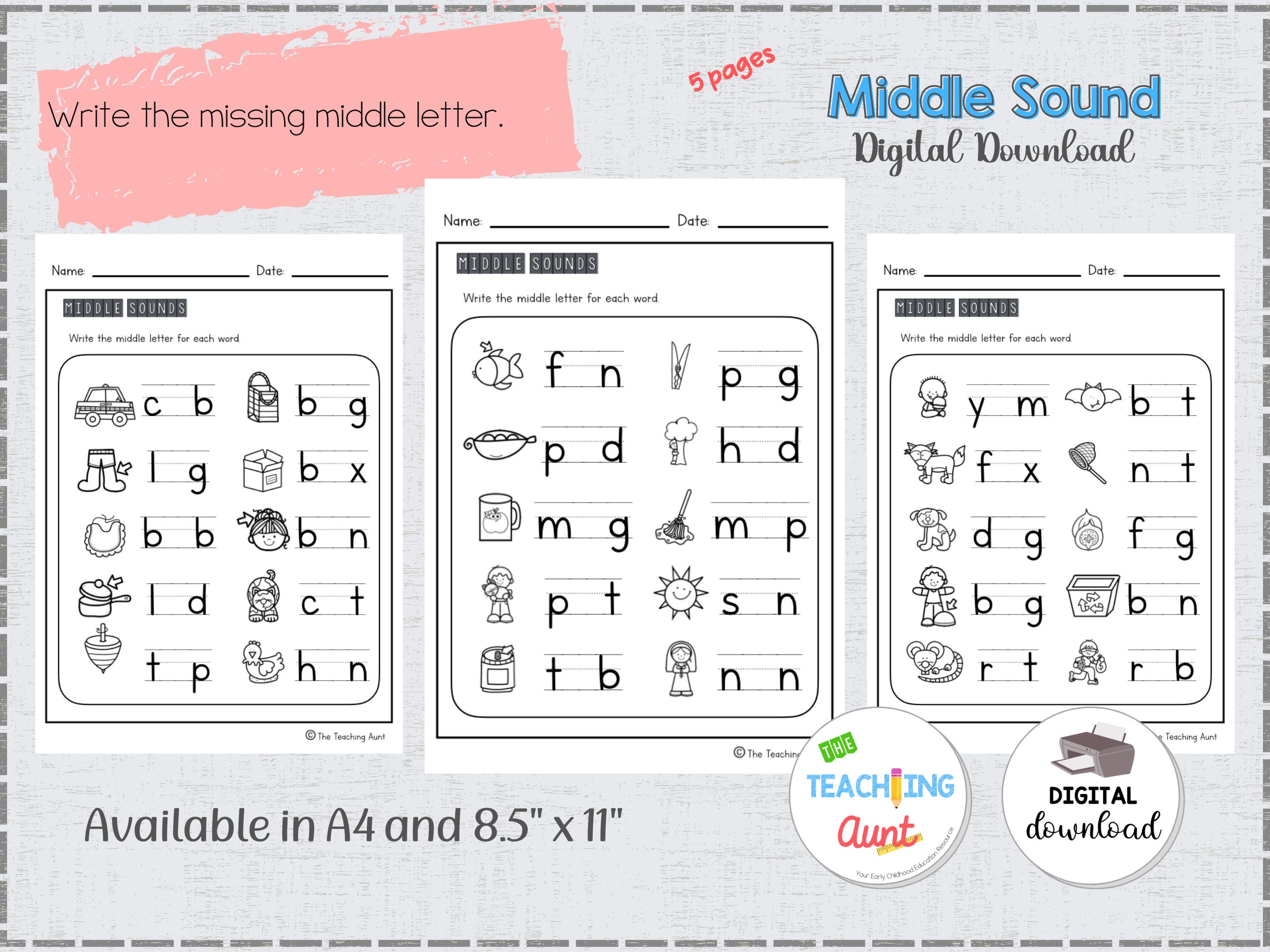 Middle Sound Worksheets, Phonics Worksheets, Write the Missing Letter ...
