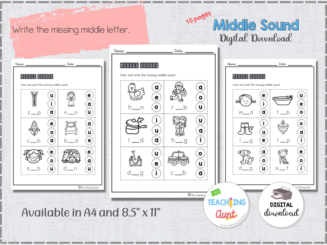 Identifying Middle Sound Worksheets, Phonics Worksheets, Middle Sound ...