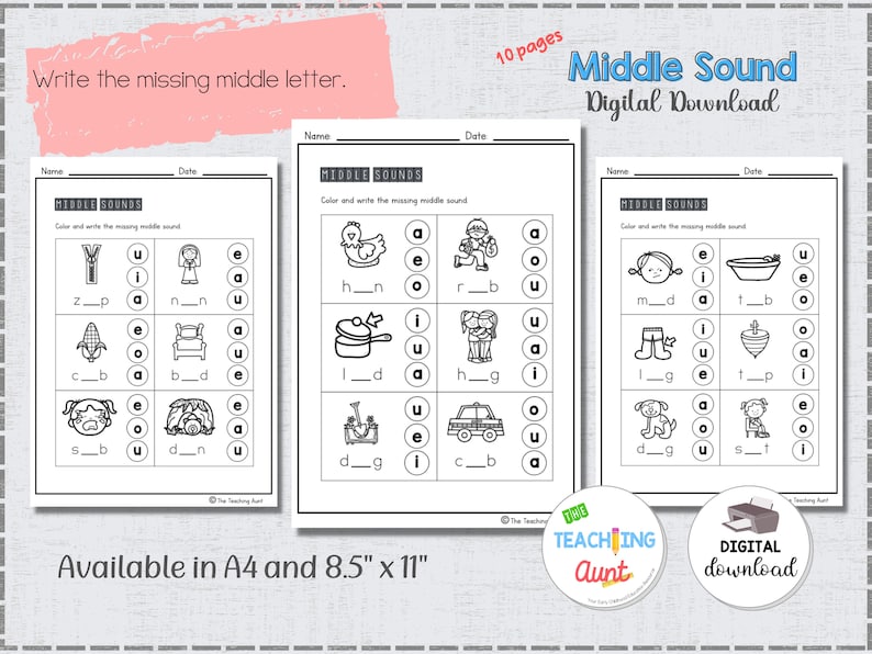 Identifying Middle Sound Worksheets, Phonics Worksheets, Middle Sound ...