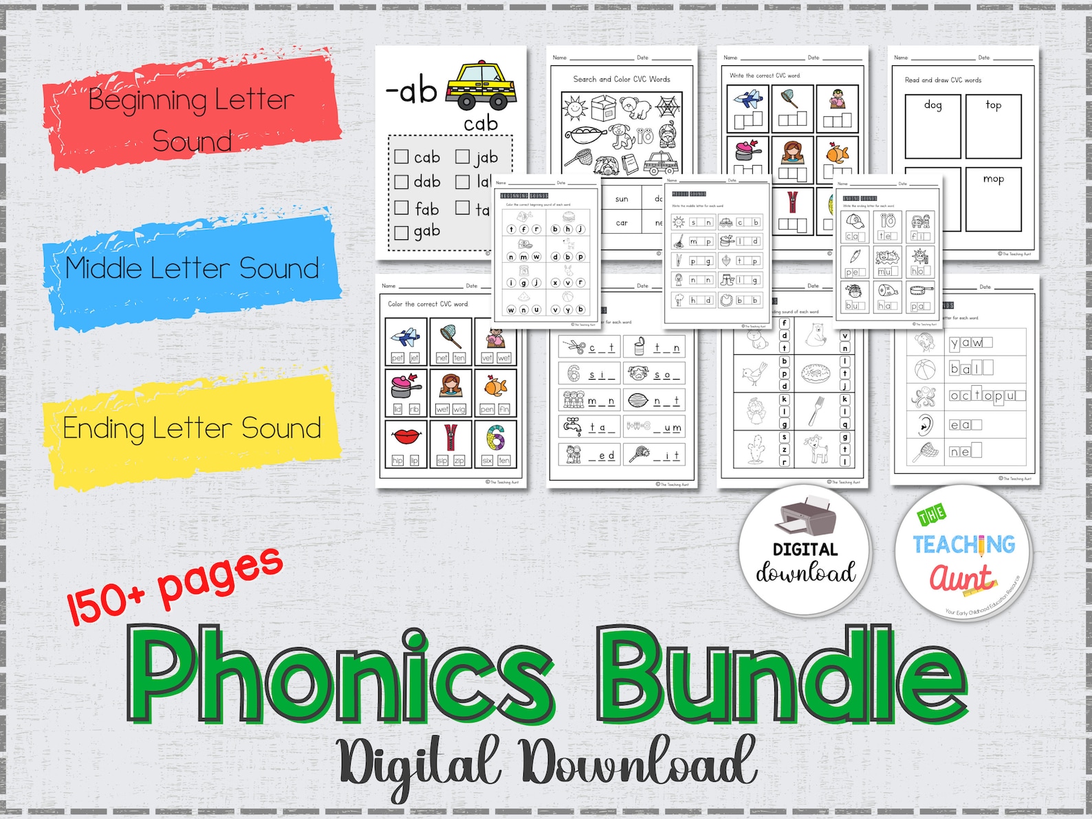 Phonics Worksheets Bundle 150+ Pages, Preschool Printable, CVC ...
