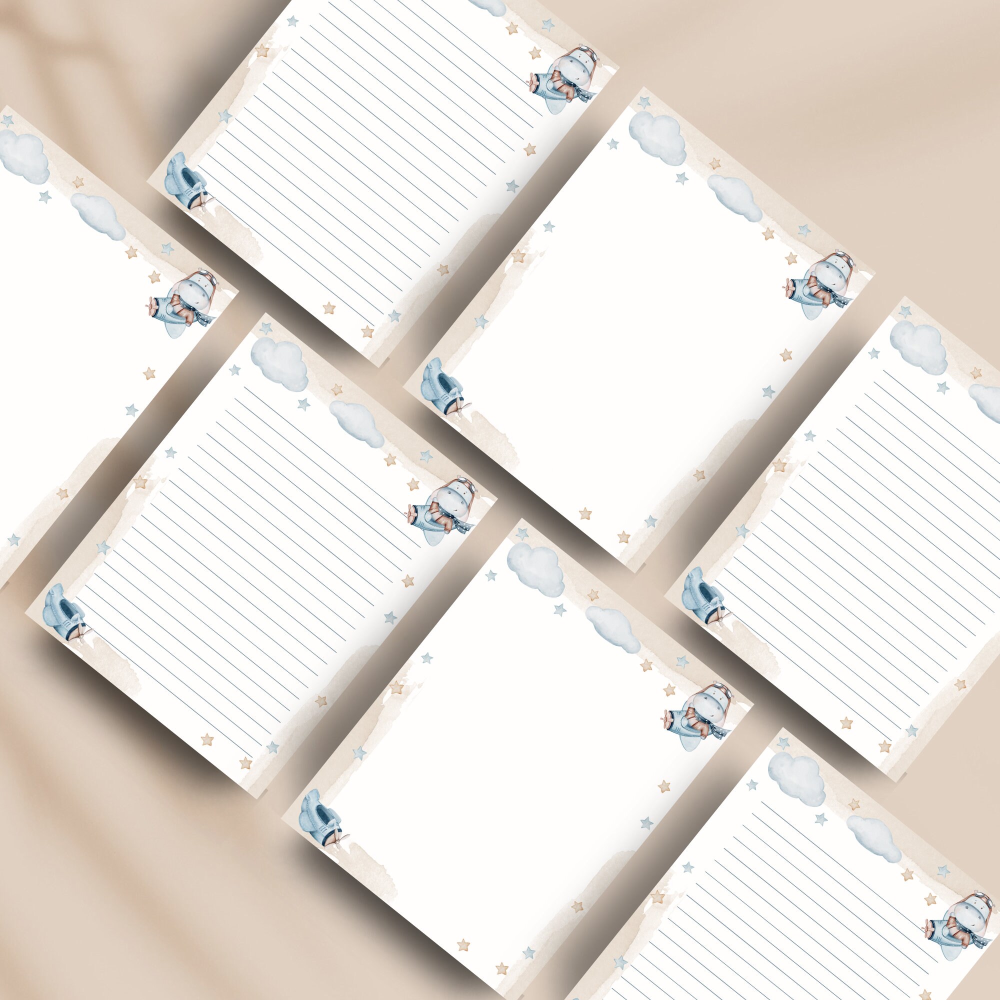 Baby Hippo Stationery, Kids Printable Stationery, Lined and Unlined ...