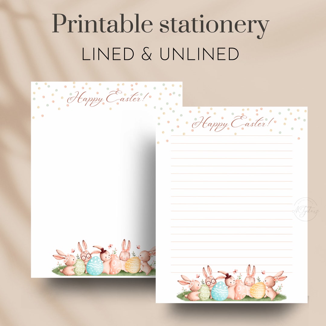 Easter Eggs and Cute Bunnies Printable Stationery, Cute Easter Notes ...