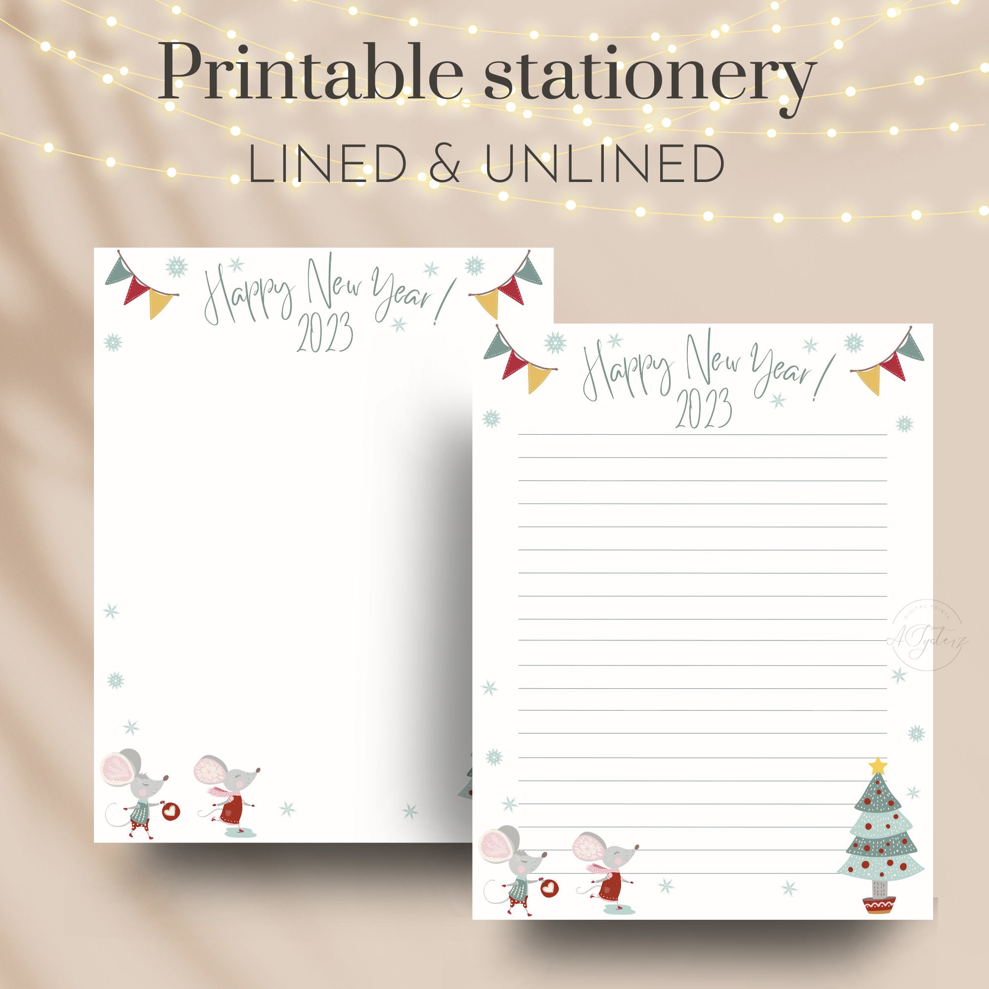 Happy New Year Stationery Printable, Holiday Mice Notes, Holidays ...