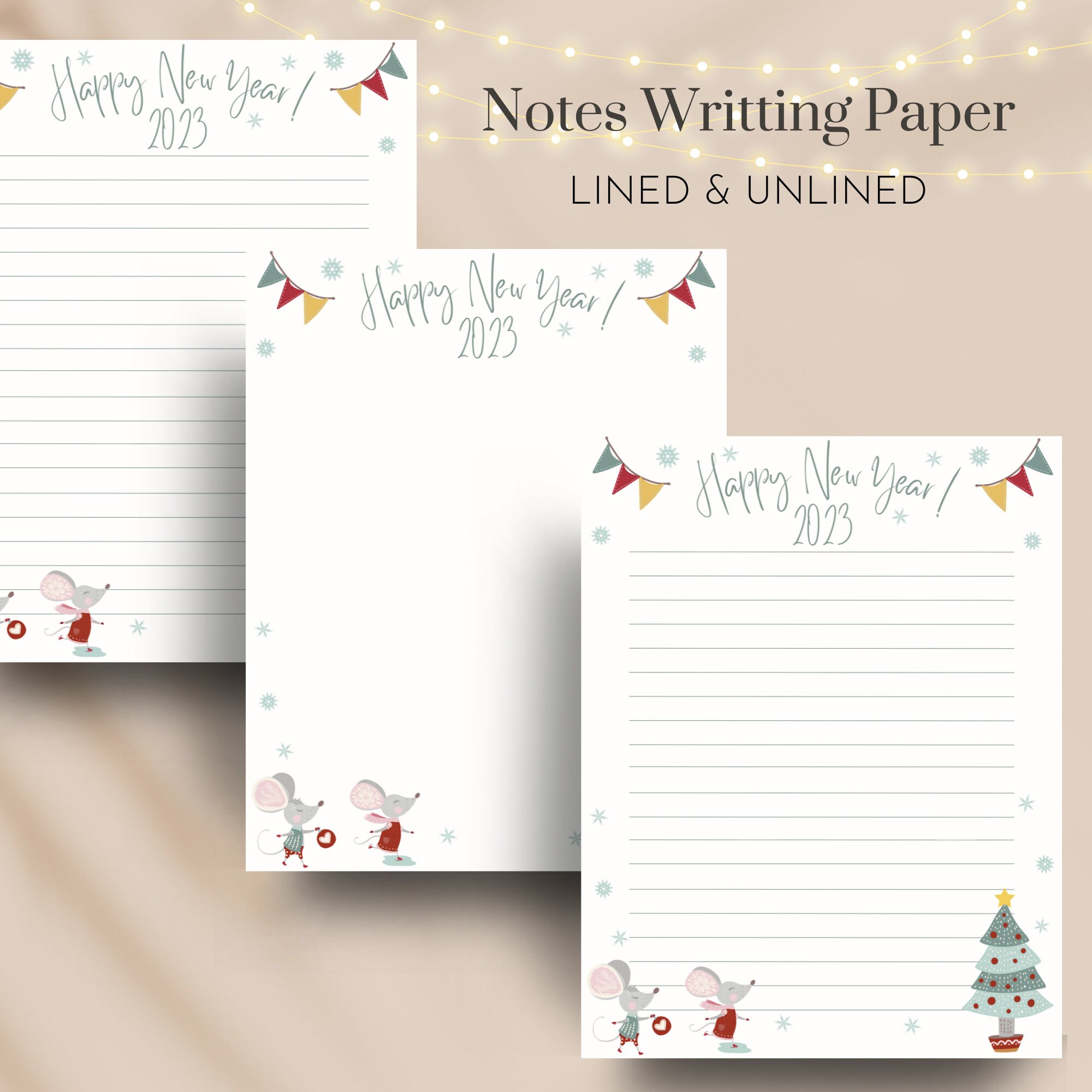 Happy New Year Stationery Printable, Holiday Mice Notes, Holidays ...