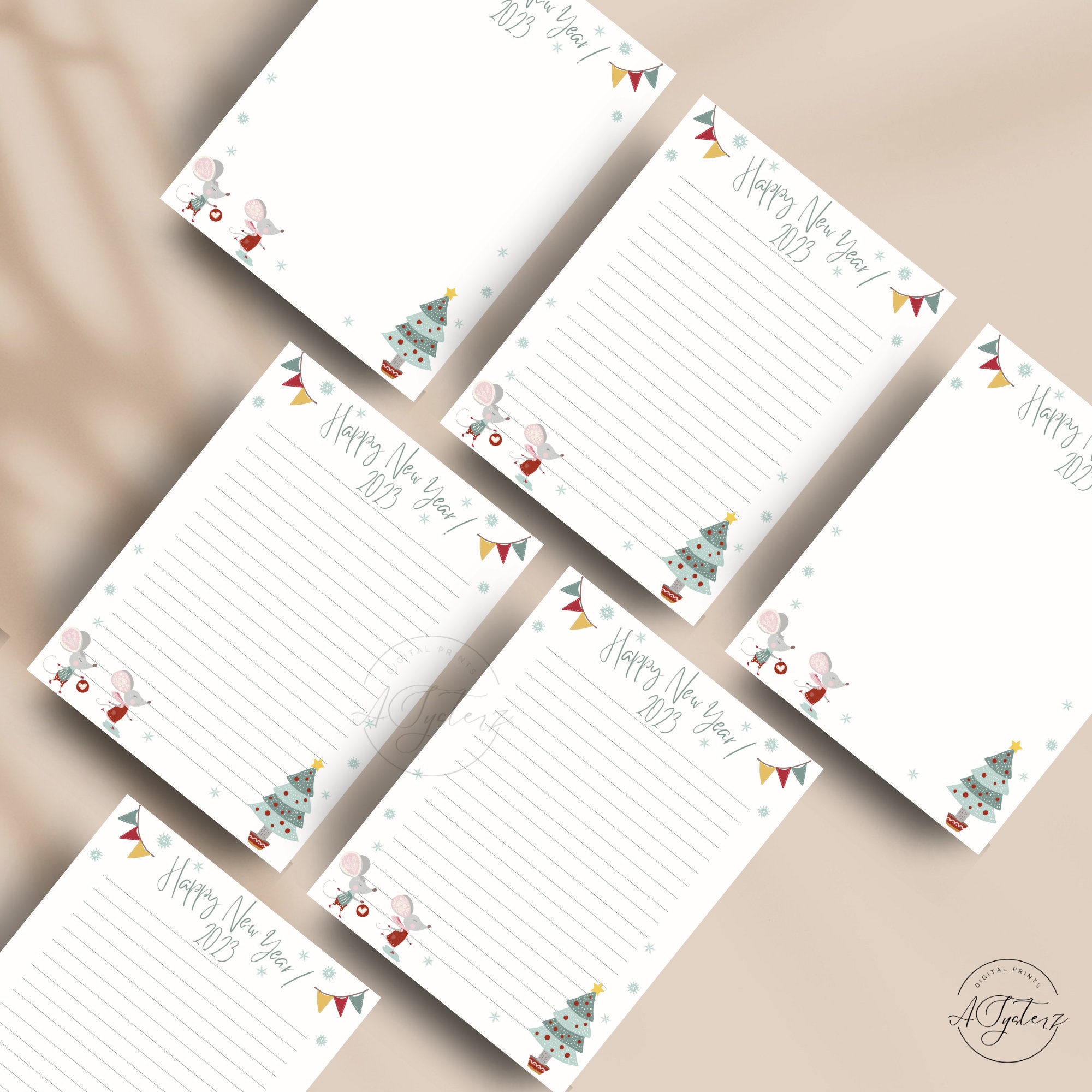 Happy New Year Stationery Printable, Holiday Mice Notes, Holidays ...