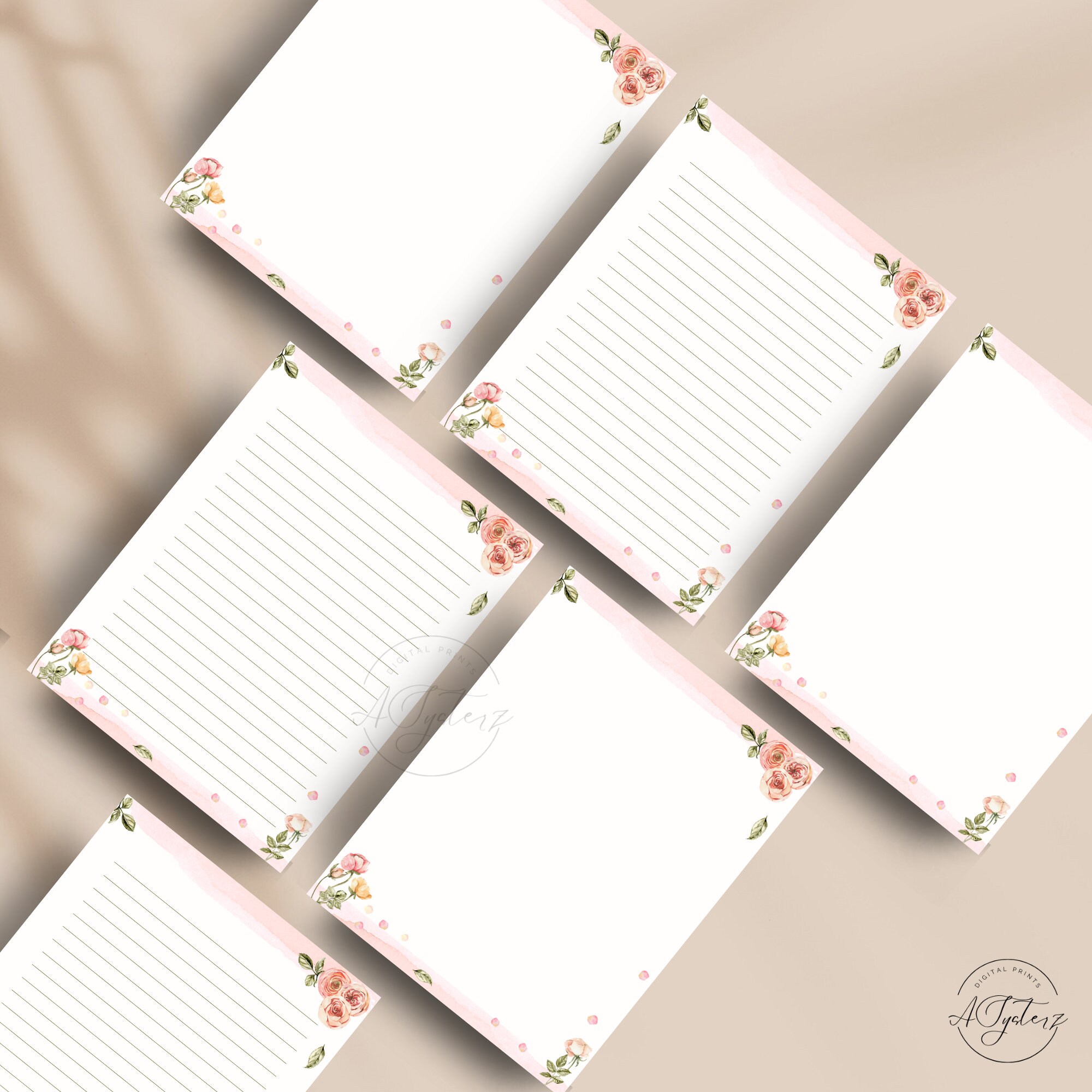 Boho Roses Watercolor Stationery Printable, Pastel Roses Stationery ...