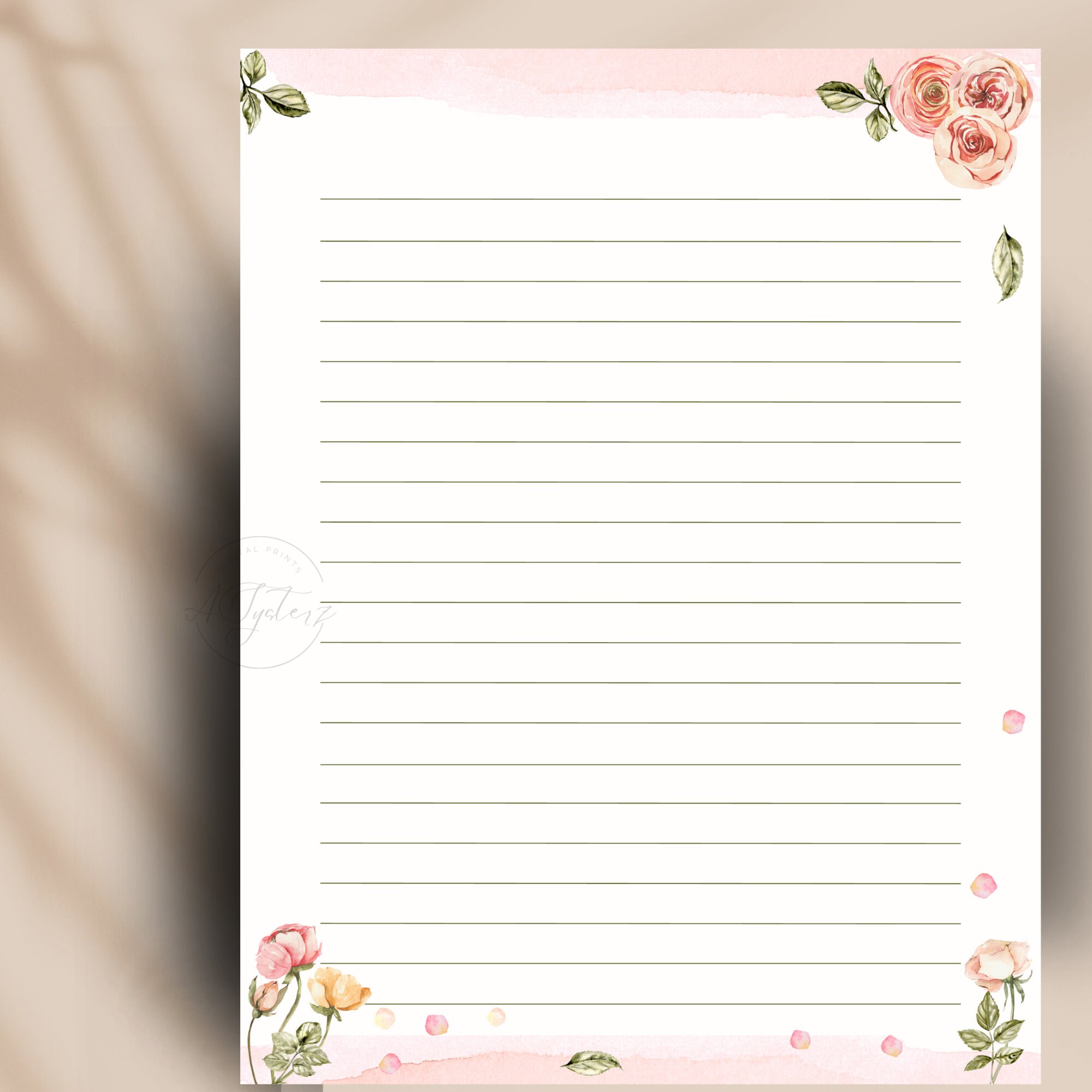 Boho Roses Watercolor Stationery Printable, Pastel Roses Stationery ...