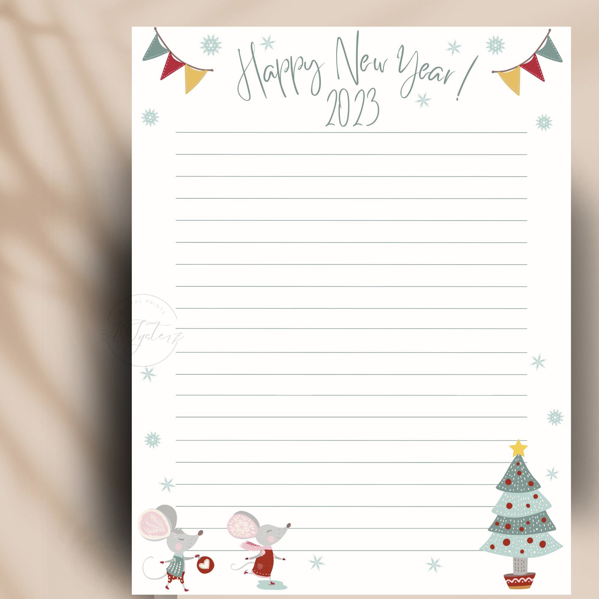 Happy New Year Stationery Printable, Holiday Mice Notes, Holidays ...