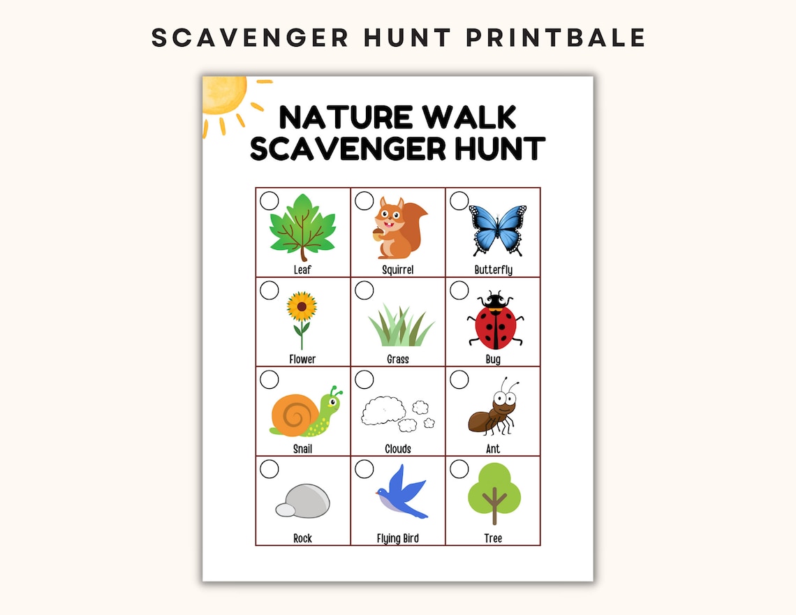 Nature Walk Scavenger Hunt Cute Printbale for Kids, Outdoor Family ...