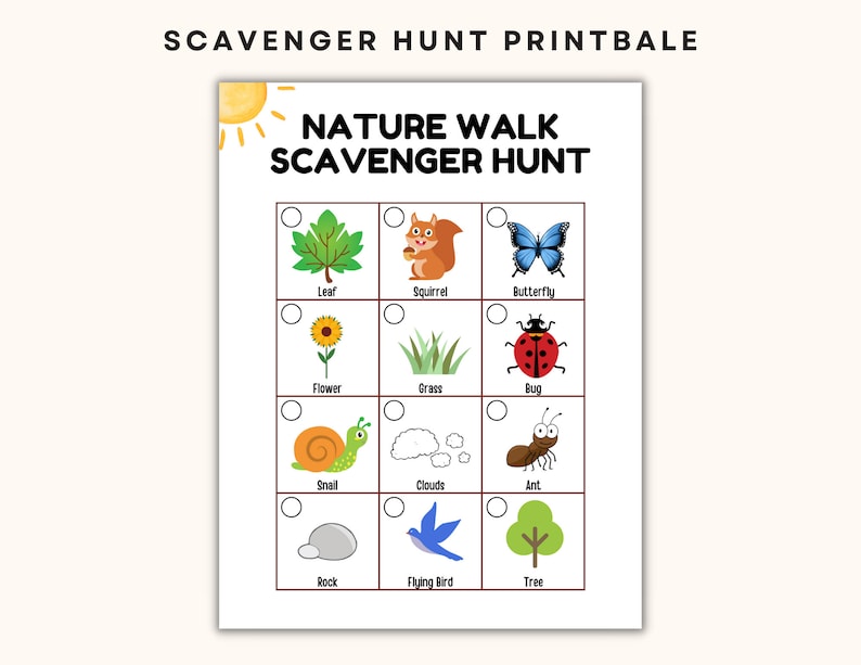 Nature Walk Scavenger Hunt Cute Printbale for Kids, Outdoor Family ...