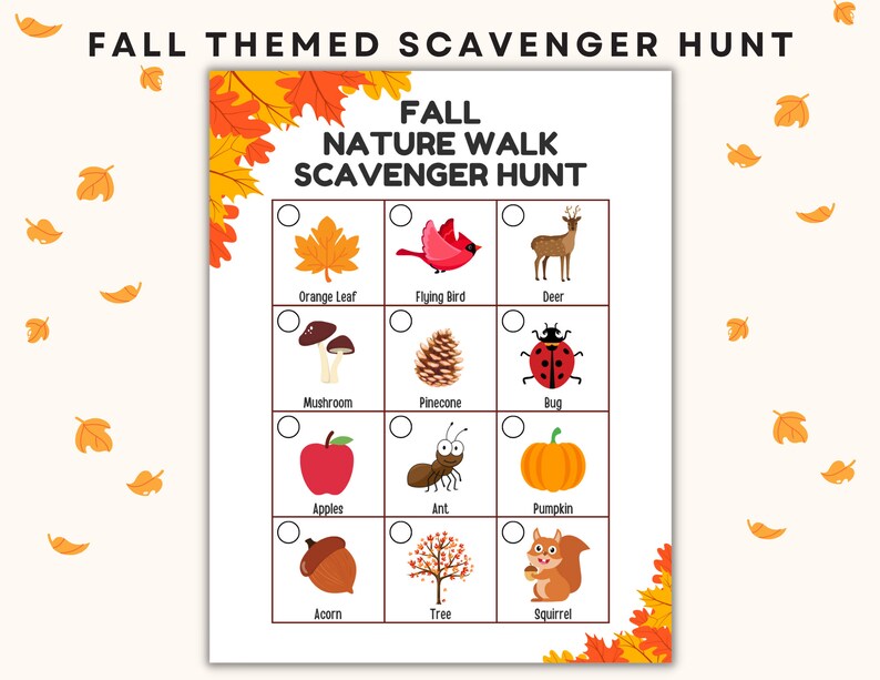 Fall Themed Nature Walk Scavenger Hunt Cute Printbale for Kids, Outdoor ...