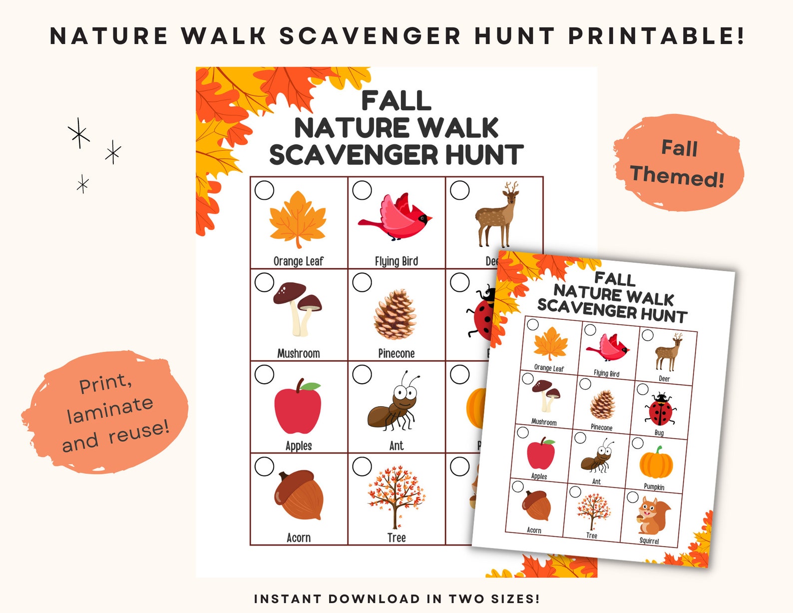 Fall Themed Nature Walk Scavenger Hunt Cute Printbale for Kids, Outdoor ...