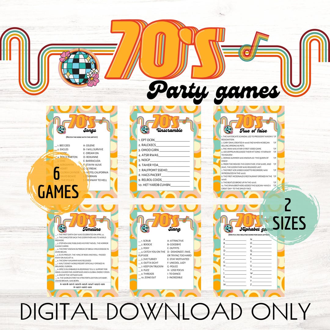 70s Theme Party Games Bundle, Printable 70s Disco Birthday Party ...