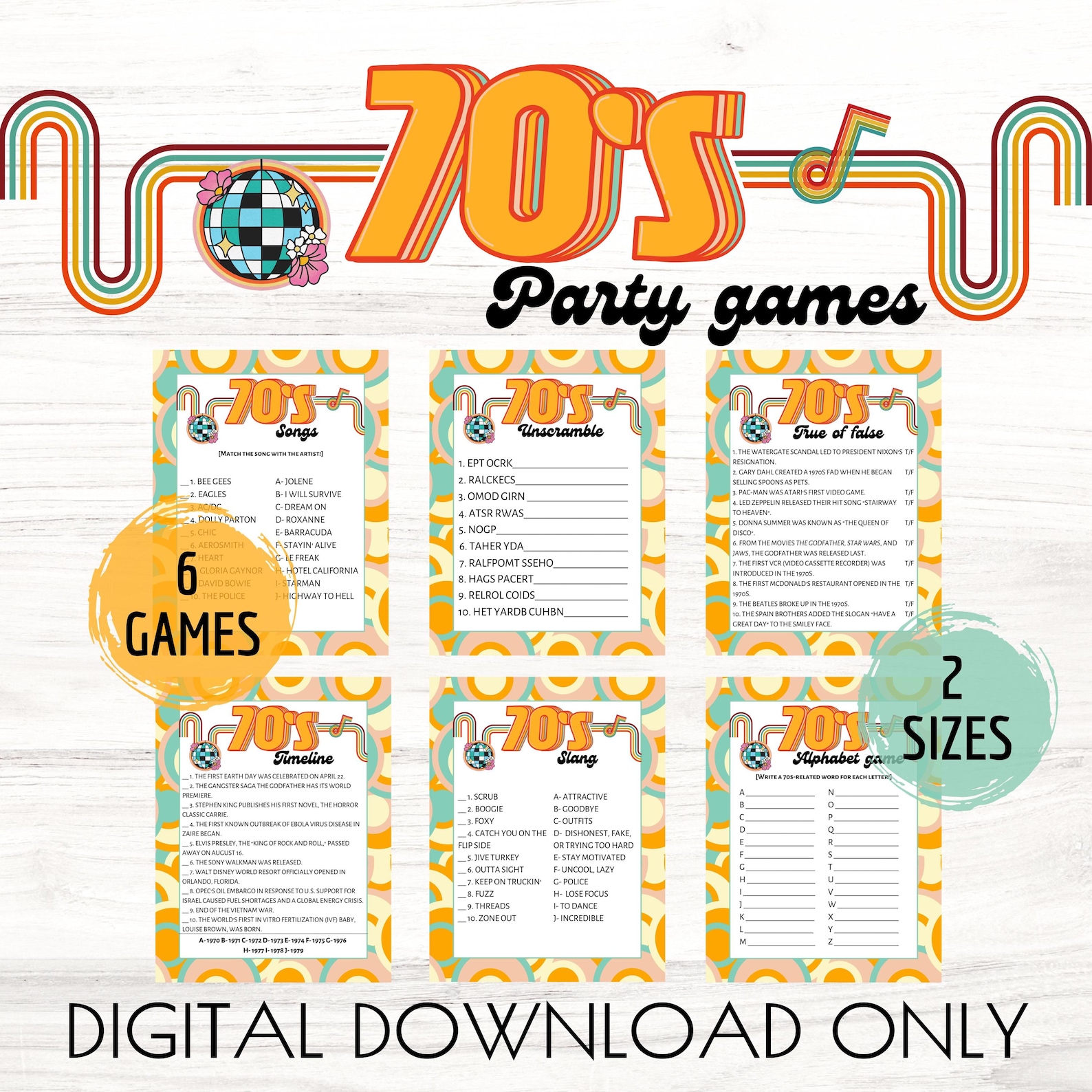 70s Theme Party Games Bundle, Printable 70s Disco Birthday Party ...