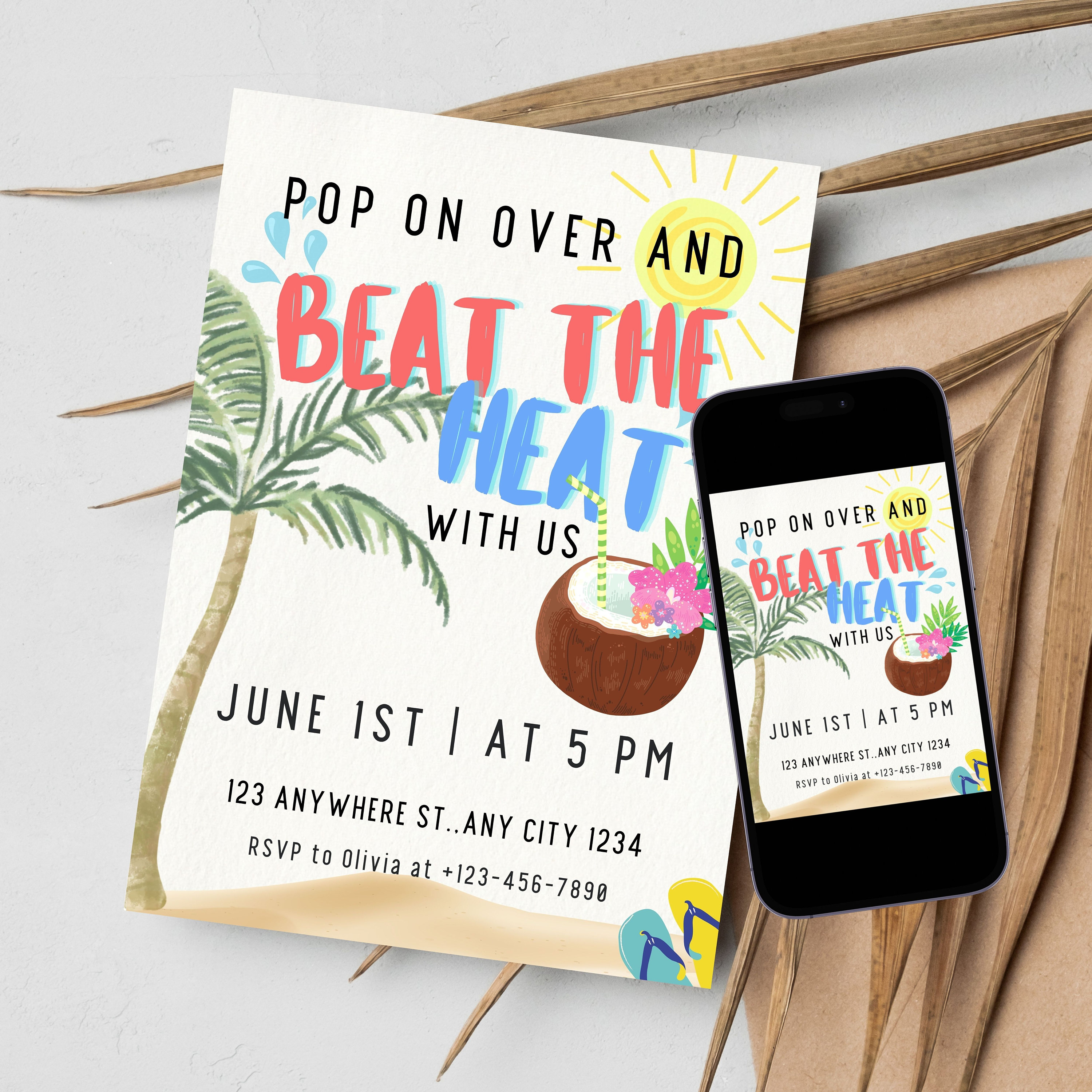 Beat the Heat Summer Party Invitation, Printable Summer Theme Party ...