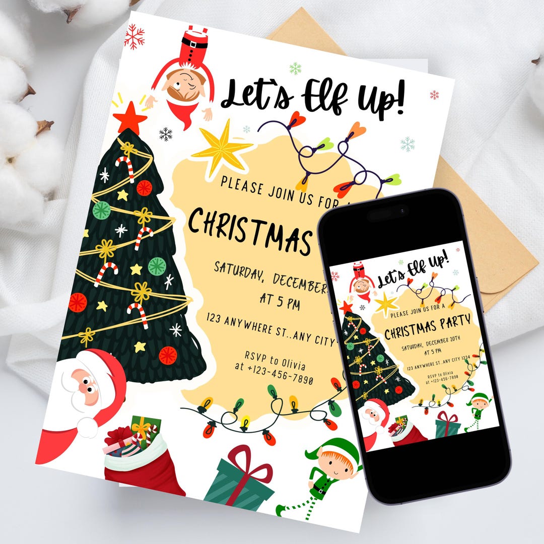 Elf Christmas Theme Party Invitation, Printable Let's Elf up Party ...