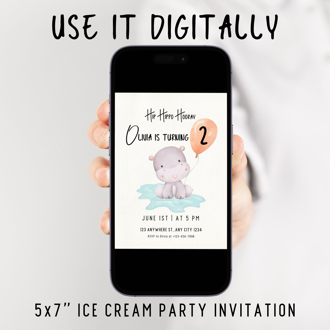 Animal Birthday Party Invitation for Kids, Printable Hip Hippo Hooray ...