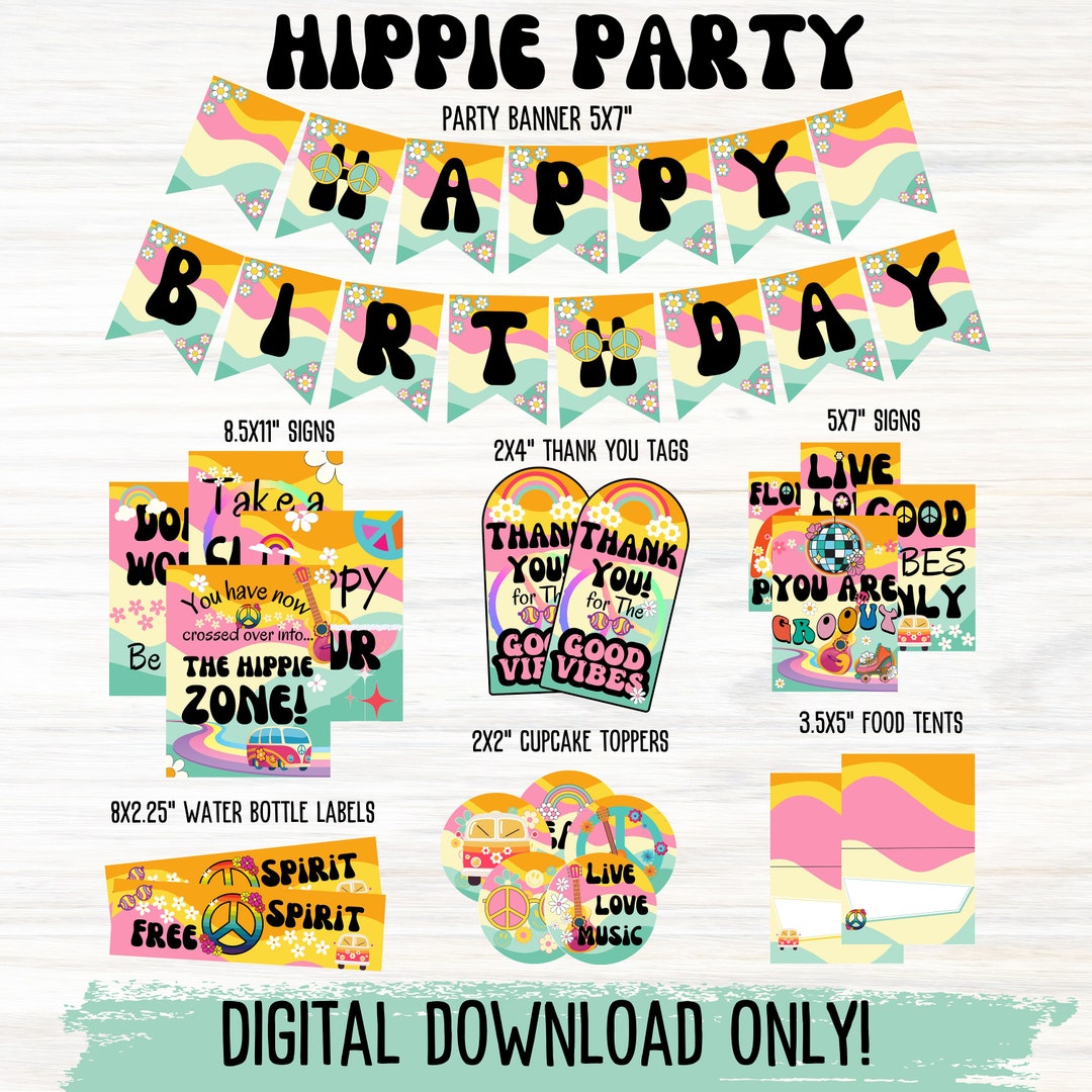 Hippie Theme Party Decorations, Printable Groovy Birthday Party Decors ...