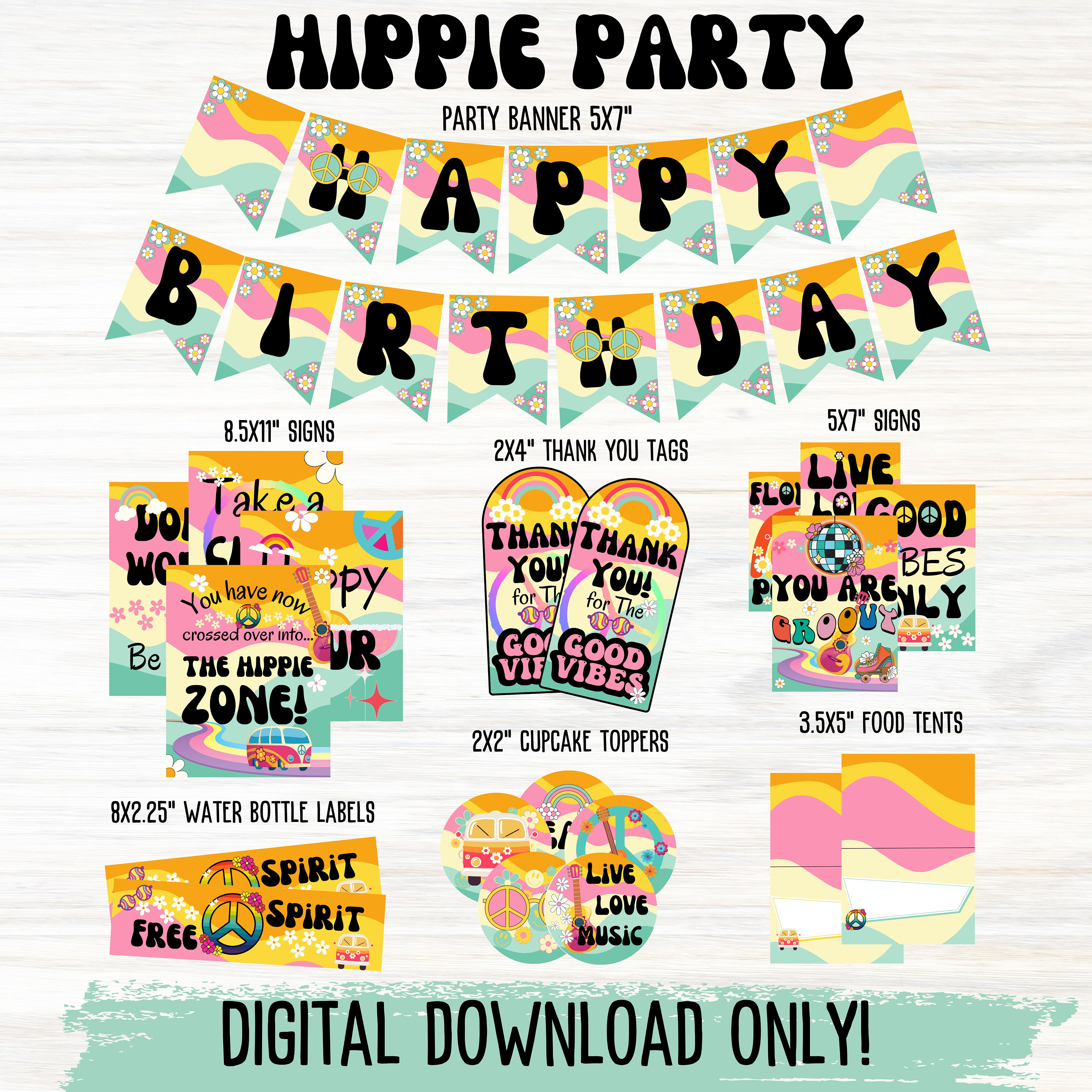 Hippie Theme Party Decorations, Printable Groovy Birthday Party Decors ...