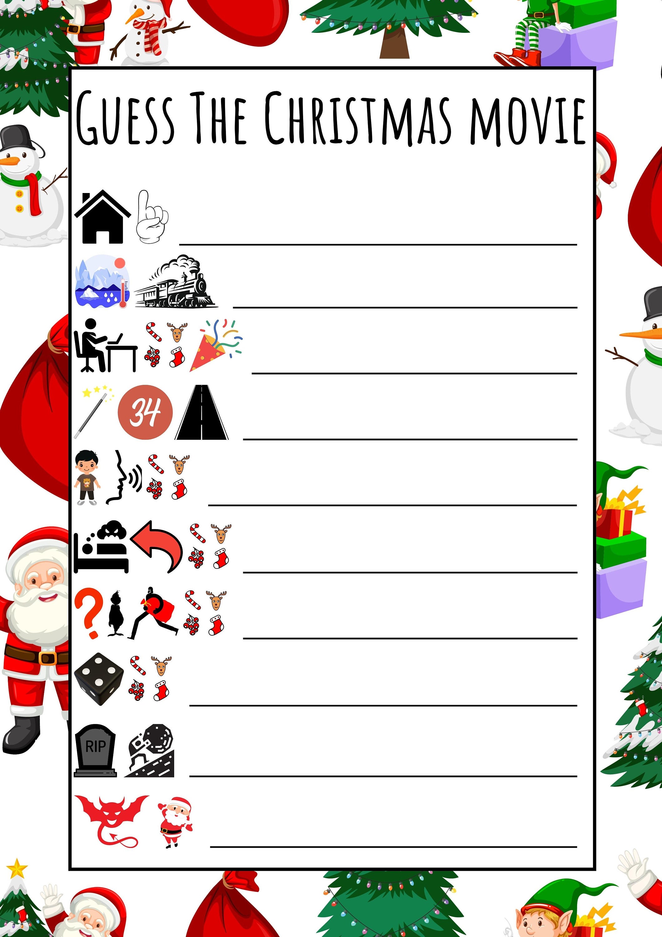 Printable CHRISTMAS MOVIE PICTIONARY Game, Recognize Christmas Movie ...