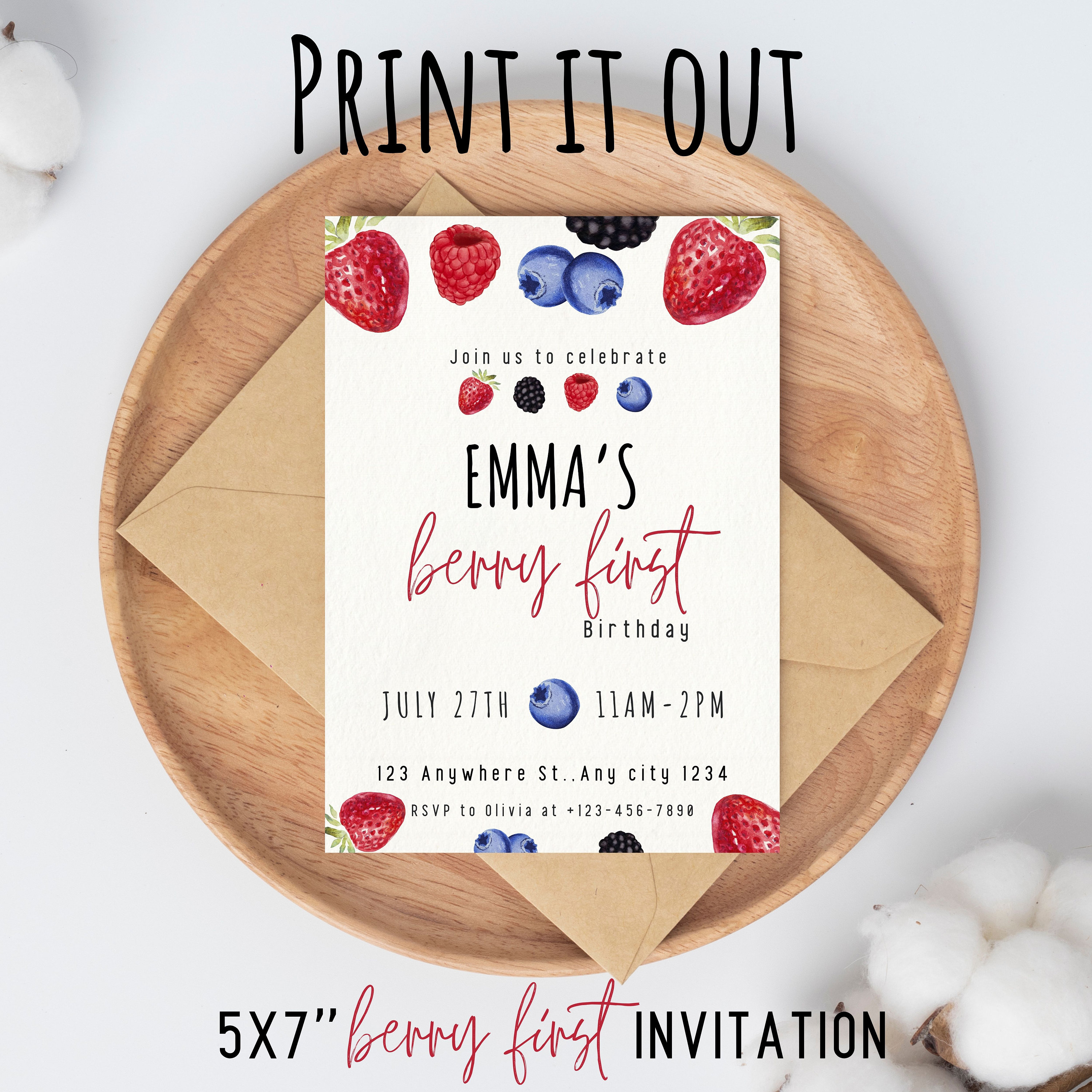 Berry First Birthday Party Invitation, Printable 1st Birthday Party ...