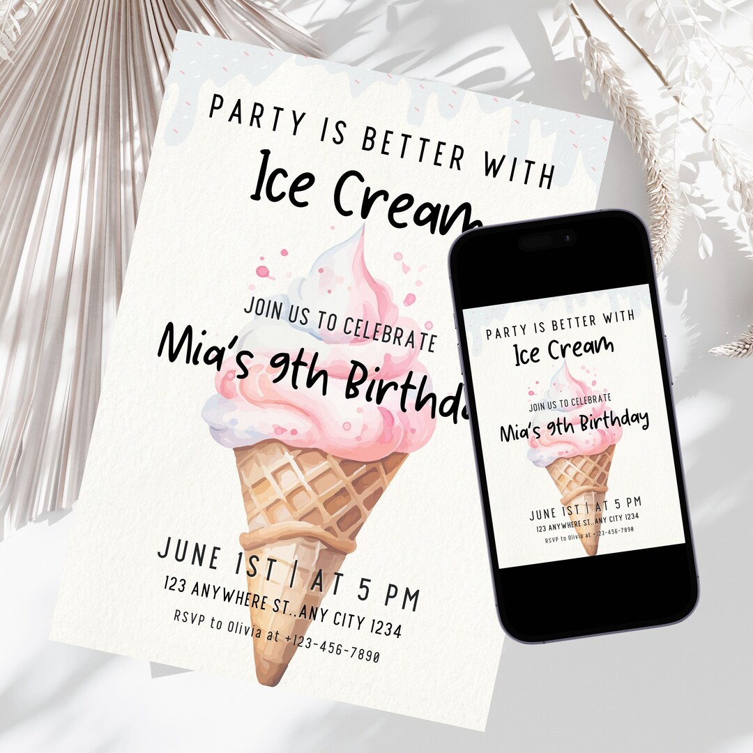 Ice Cream Theme Party Invitation, Printable Kids Birthday Party ...