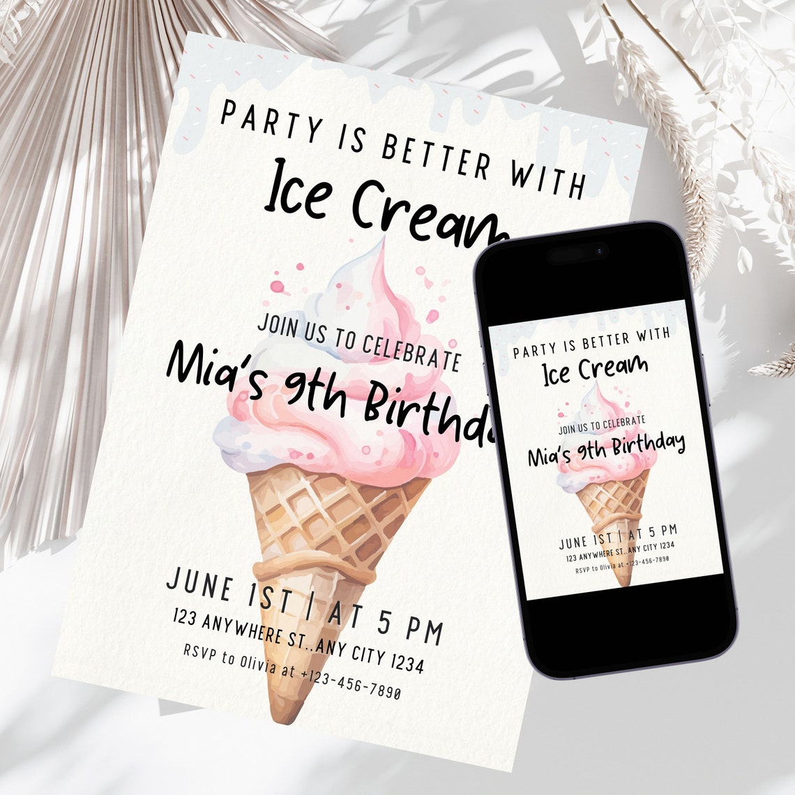 Ice Cream Theme Party Invitation, Printable Kids Birthday Party ...