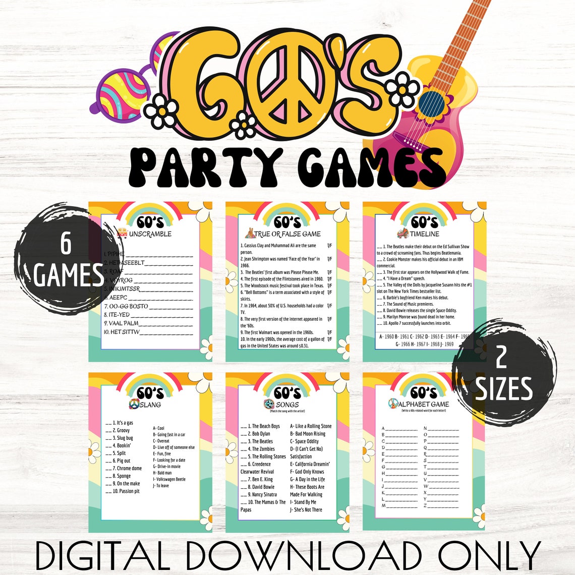 60s Party Games Bundle, Printable Hippie Birthday Party Activities ...