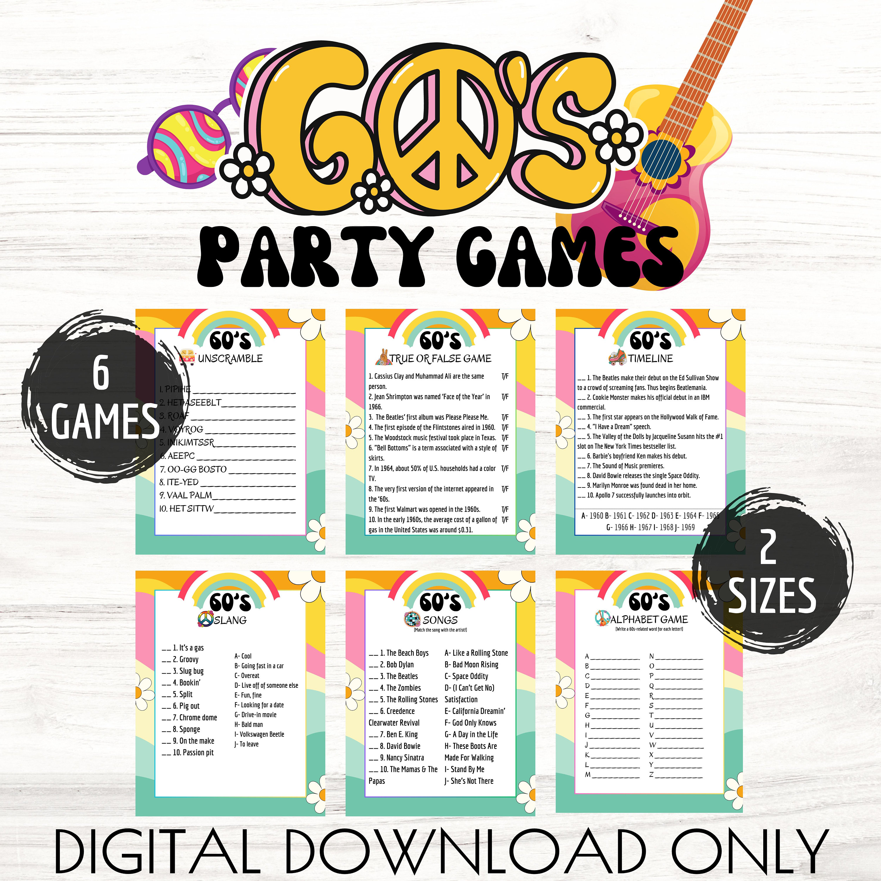 60s Party Games Bundle, Printable Hippie Birthday Party Activities ...