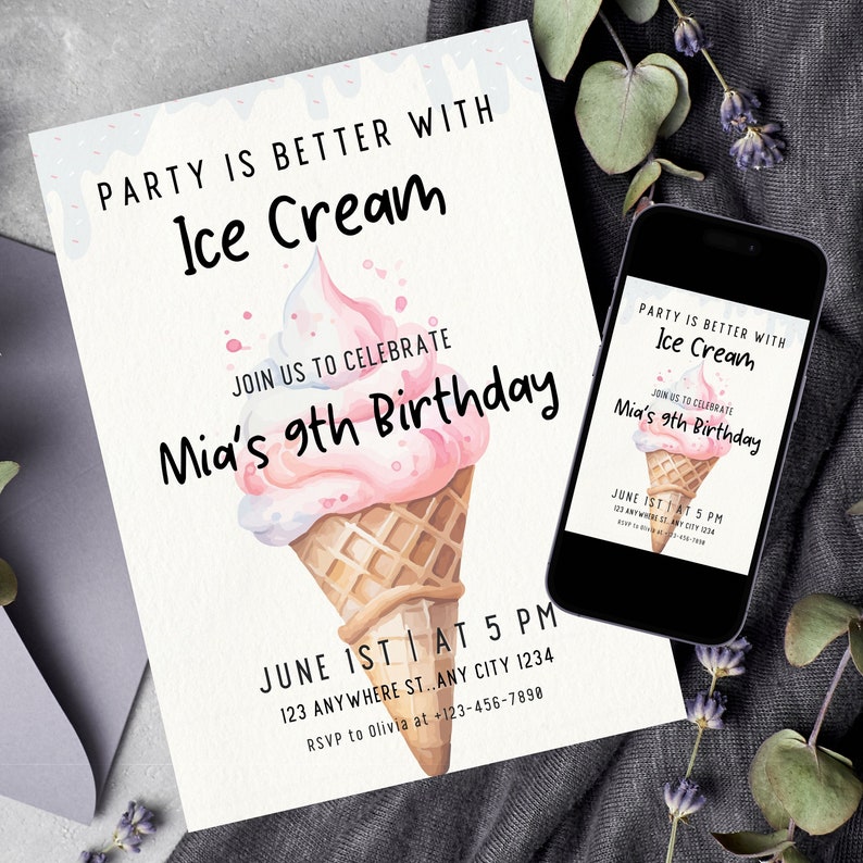 Ice Cream Theme Party Invitation, Printable Kids Birthday Party ...