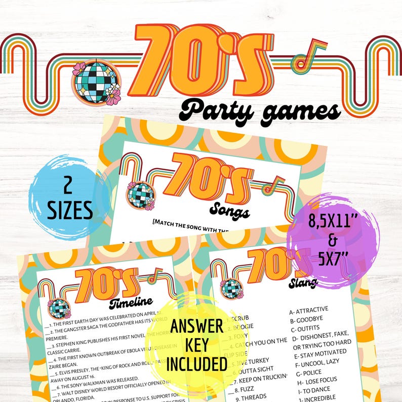 70s Theme Party Games Bundle, Printable 70s Disco Birthday Party ...