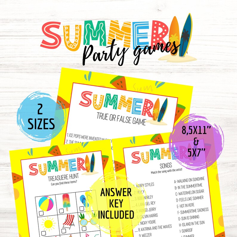 Summer Party Games Printable, Summer Theme Birthday Party Games Bundle ...