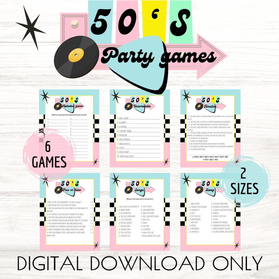 50s Theme Party Games Bundle, Printable 50s Rock and Roll Birthday ...