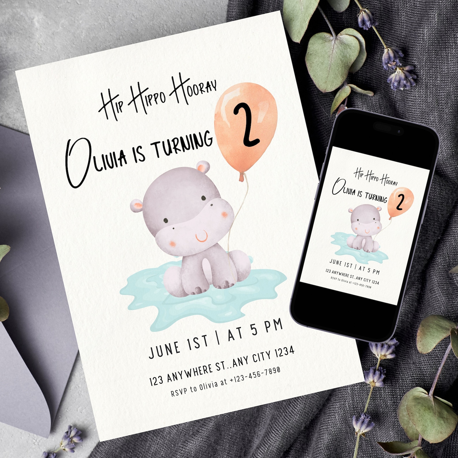 Animal Birthday Party Invitation for Kids, Printable Hip Hippo Hooray ...
