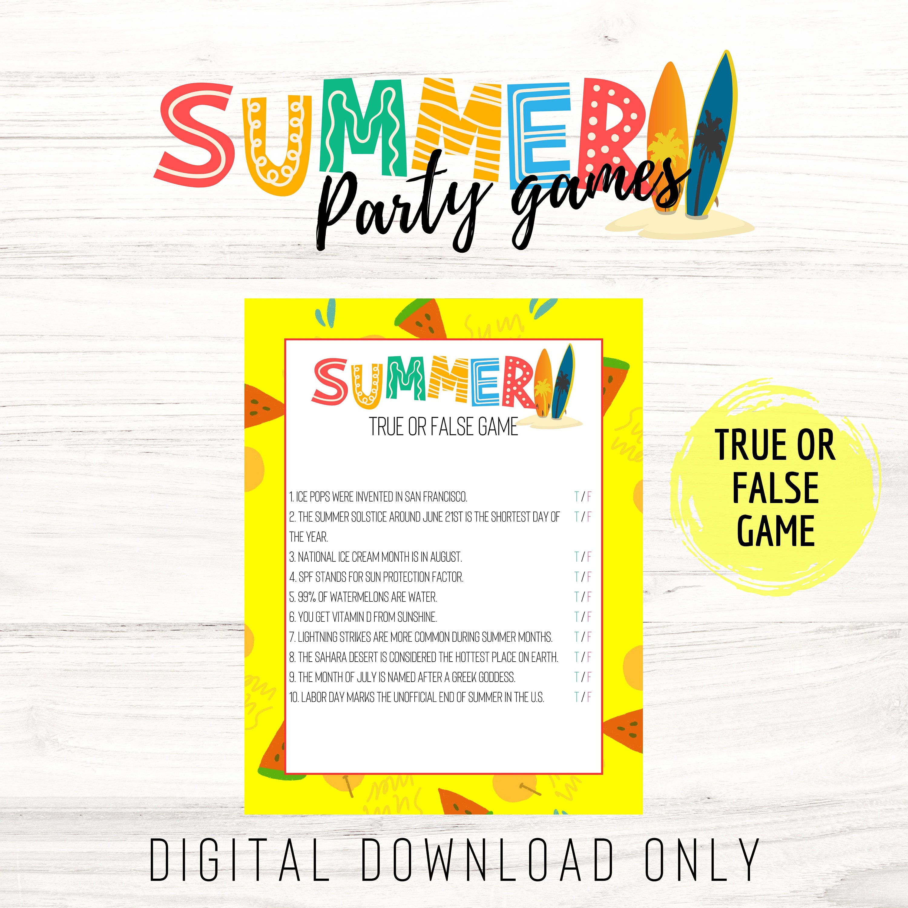 Summer Party Games Printable, Summer Theme Birthday Party Games Bundle ...