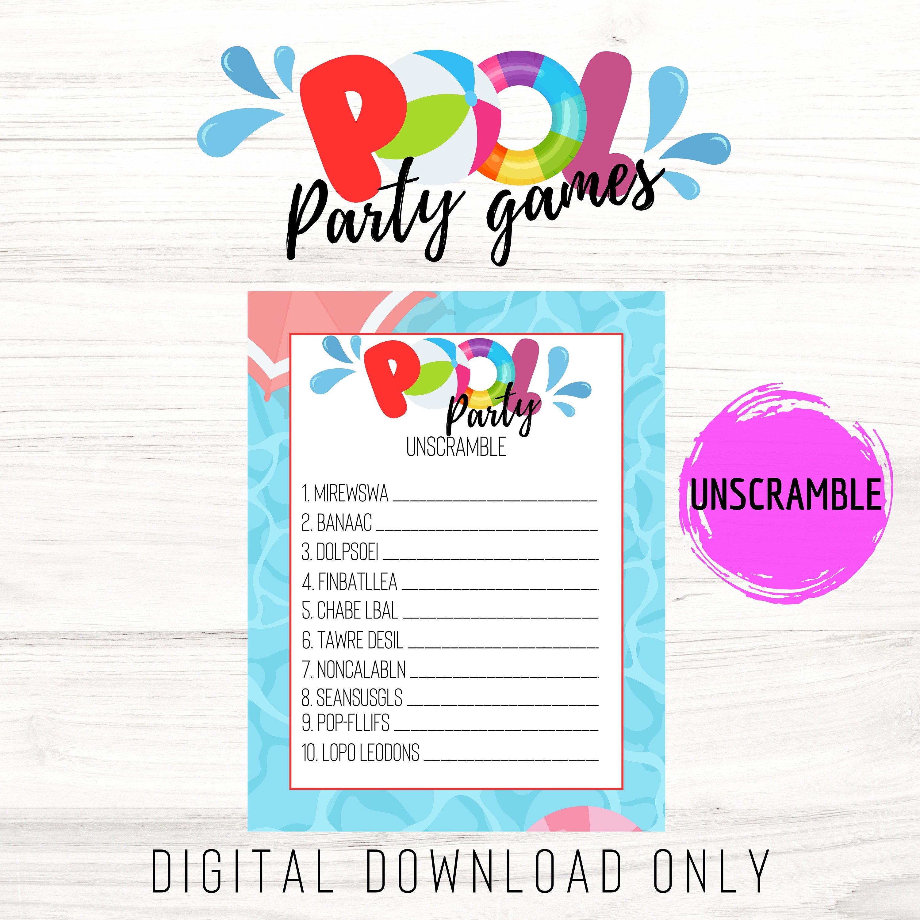 Pool Party Printable Games for Kids, Summer Theme Party Games Bundle ...
