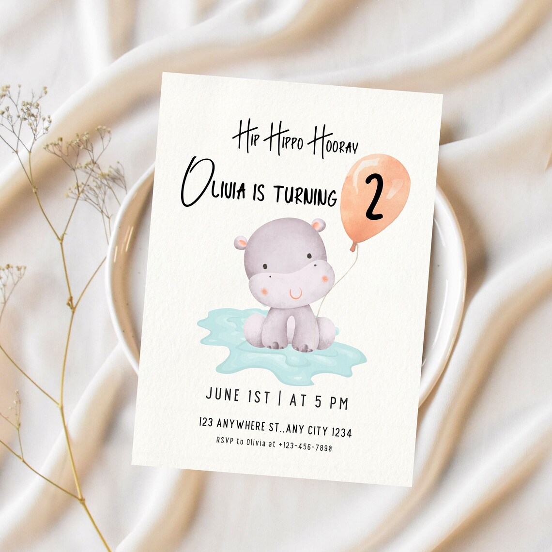 Animal Birthday Party Invitation for Kids, Printable Hip Hippo Hooray ...