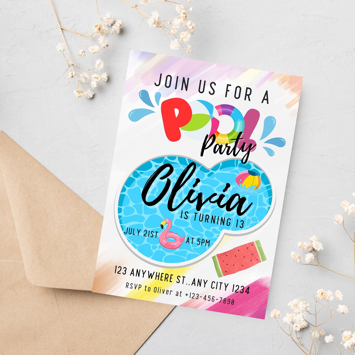 Pool Birthday Party Invitation for Kids, Printable Pool Theme Party ...