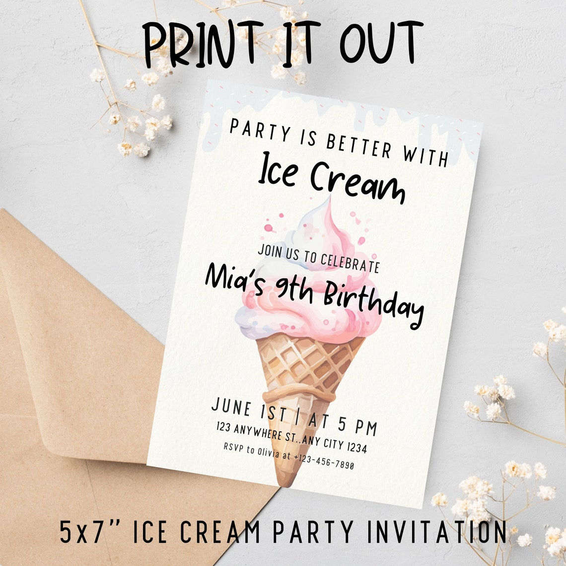 Ice Cream Theme Party Invitation, Printable Kids Birthday Party ...
