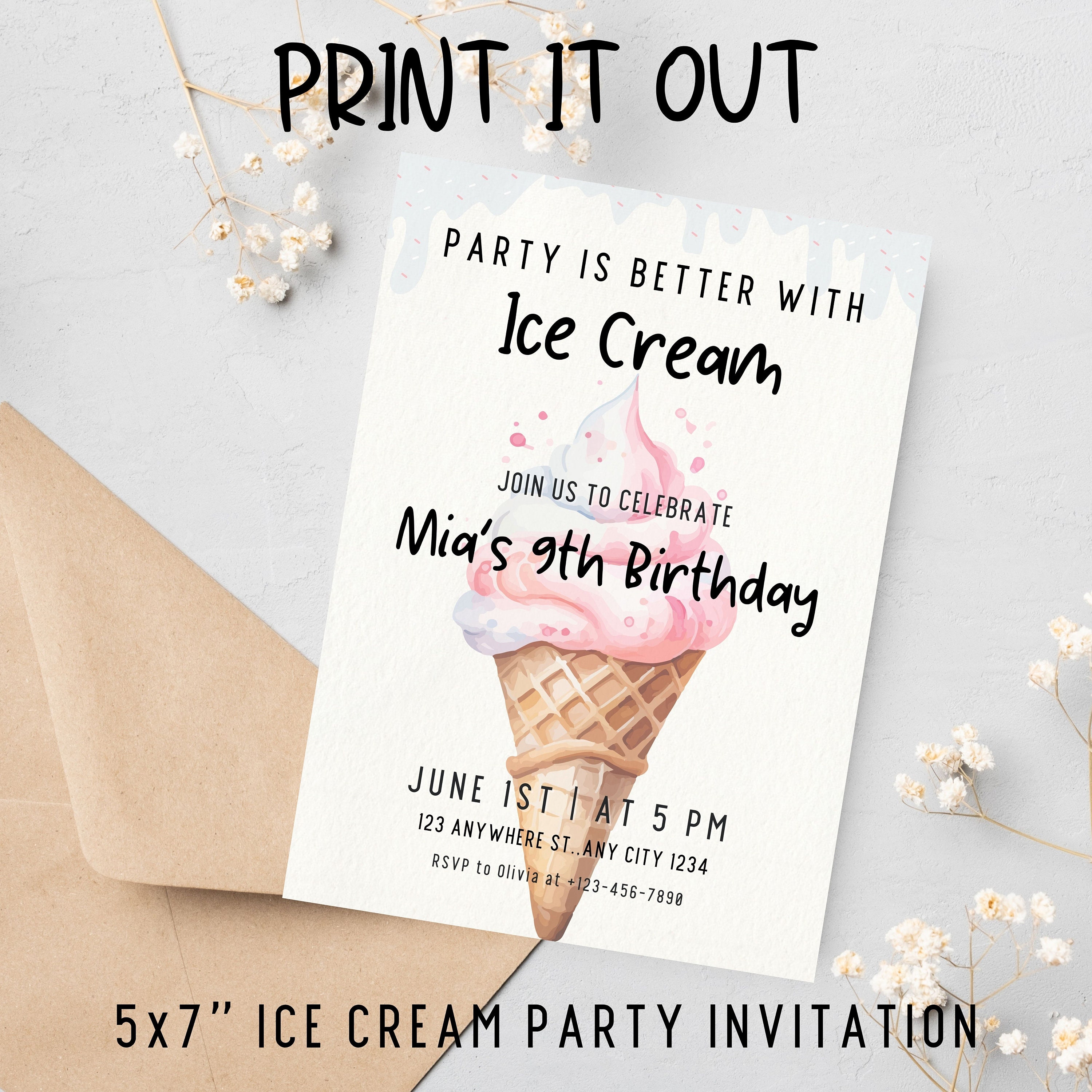 Ice Cream Theme Party Invitation, Printable Kids Birthday Party ...