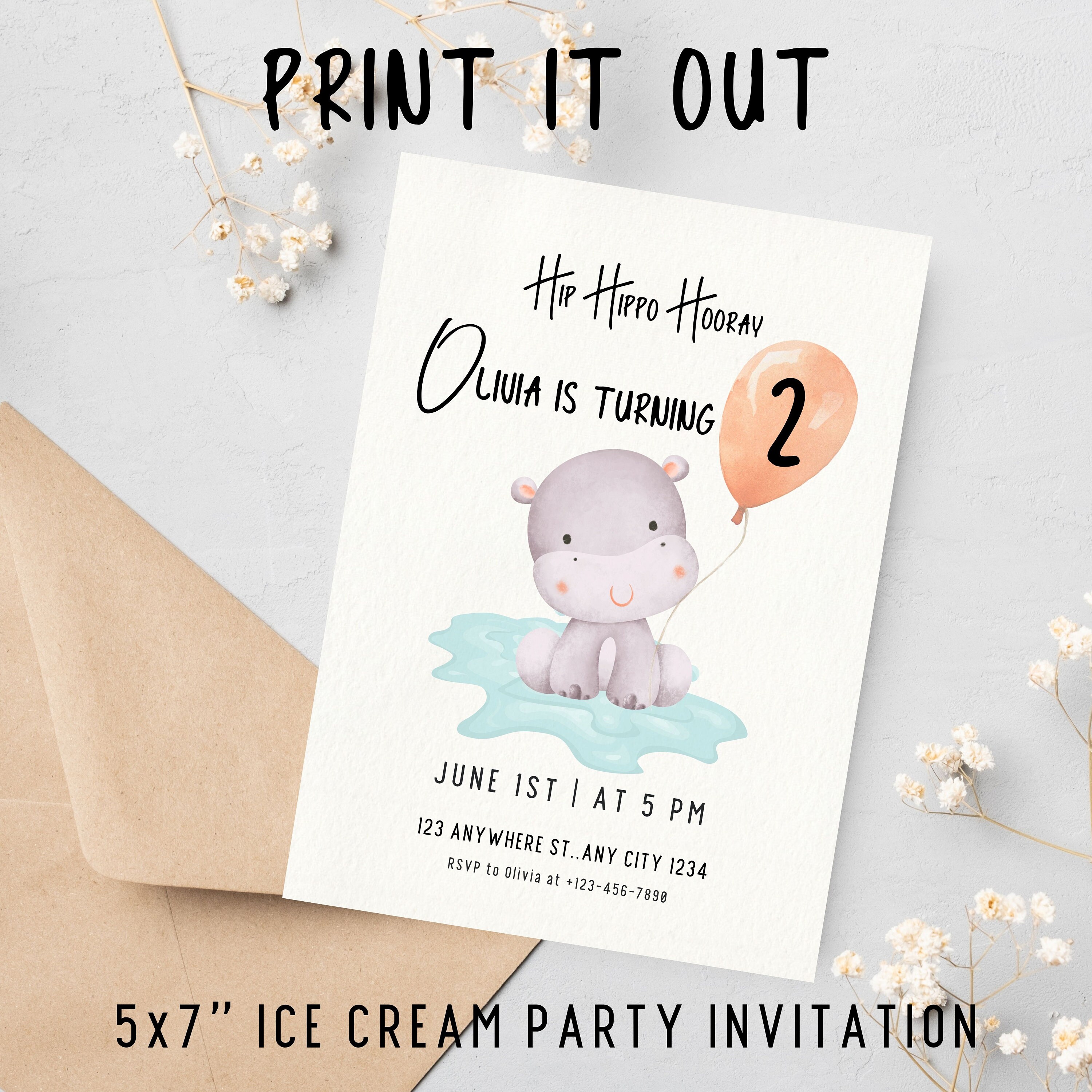 Animal Birthday Party Invitation for Kids, Printable Hip Hippo Hooray ...