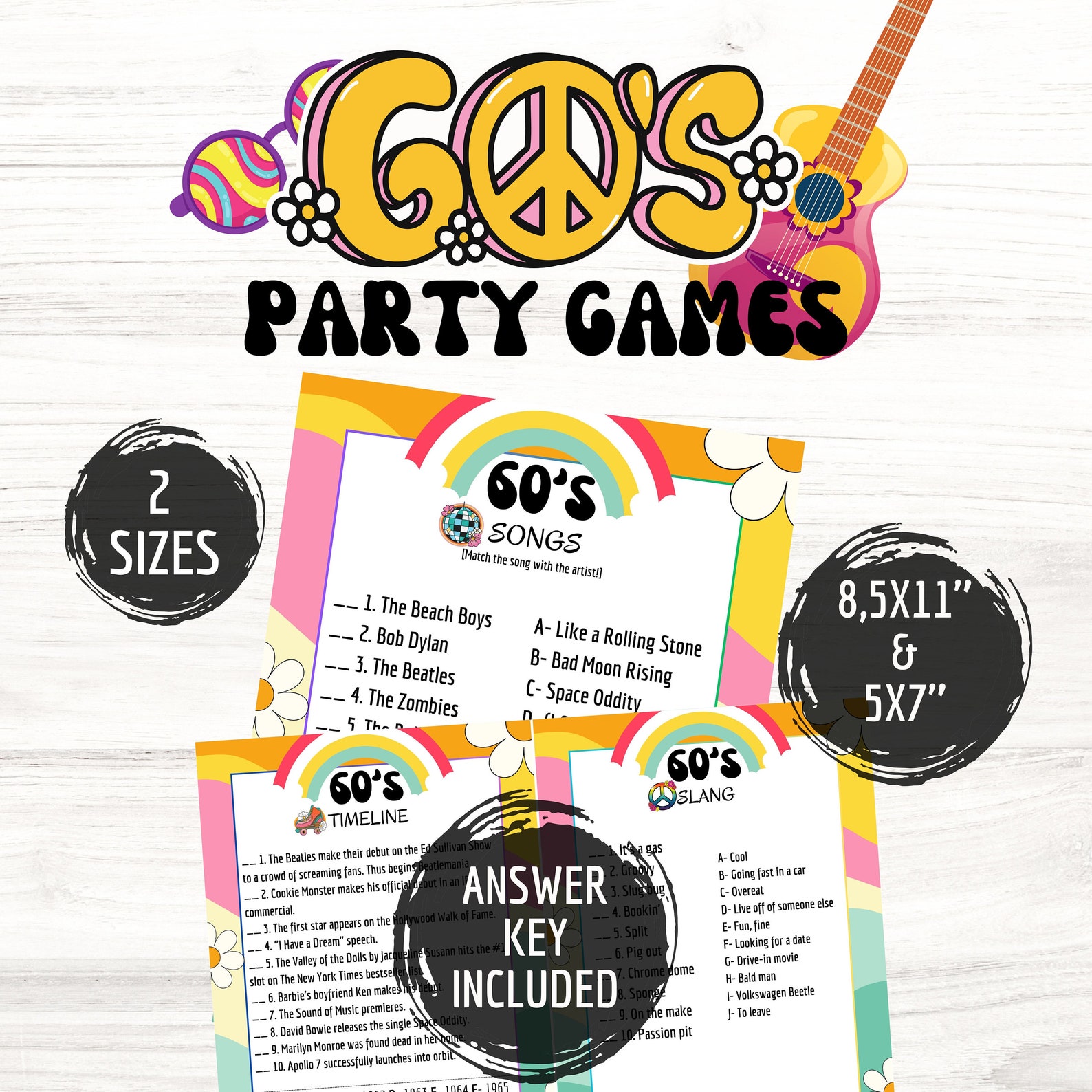 60s Party Games Bundle, Printable Hippie Birthday Party Activities ...