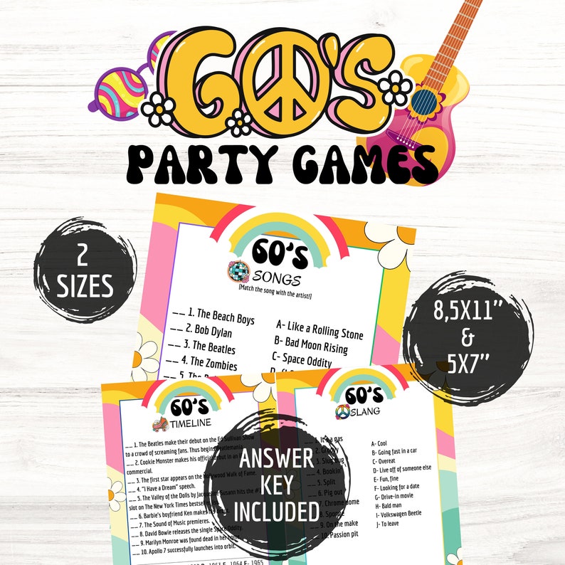 60s Party Games Bundle, Printable Hippie Birthday Party Activities ...