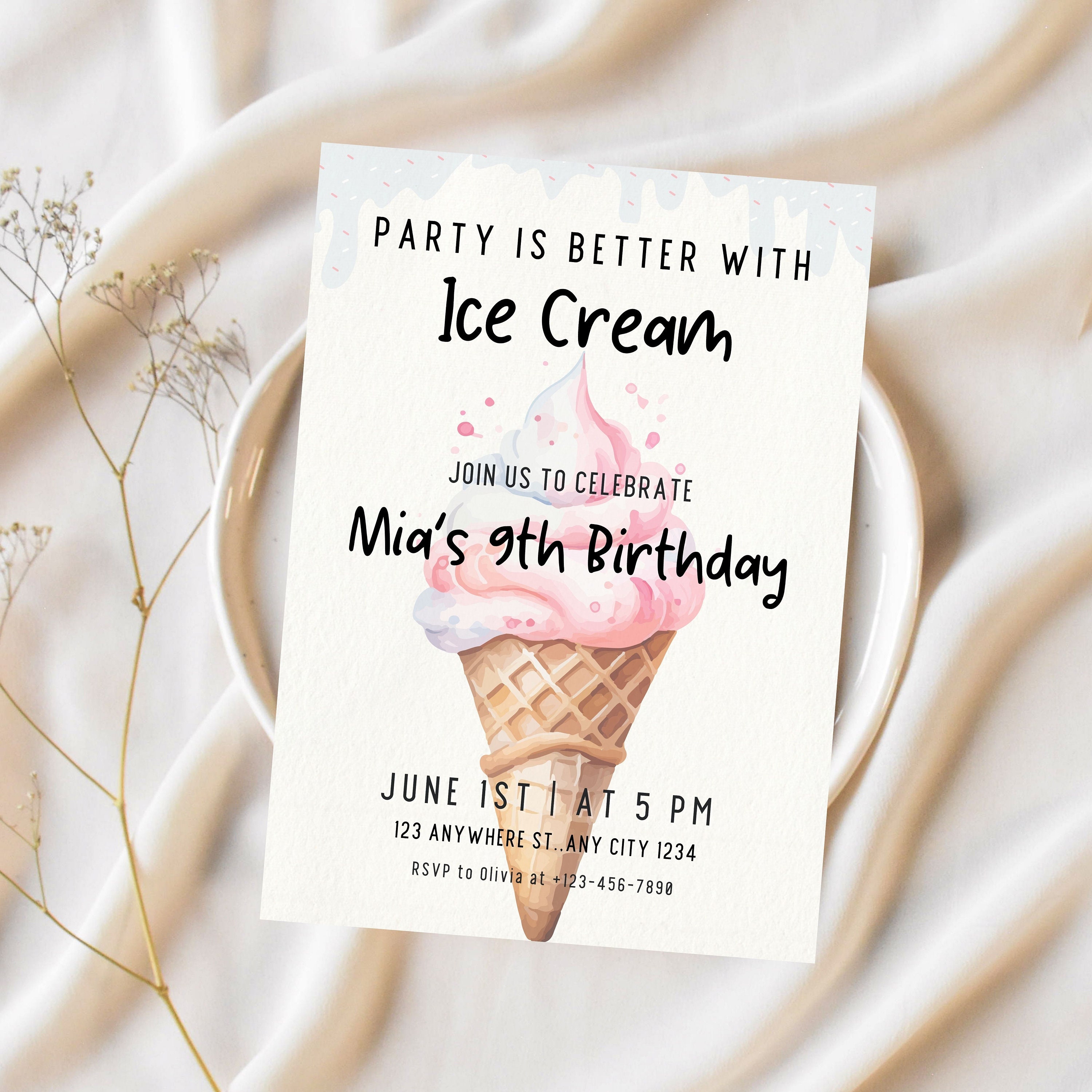 Ice Cream Theme Party Invitation, Printable Kids Birthday Party ...